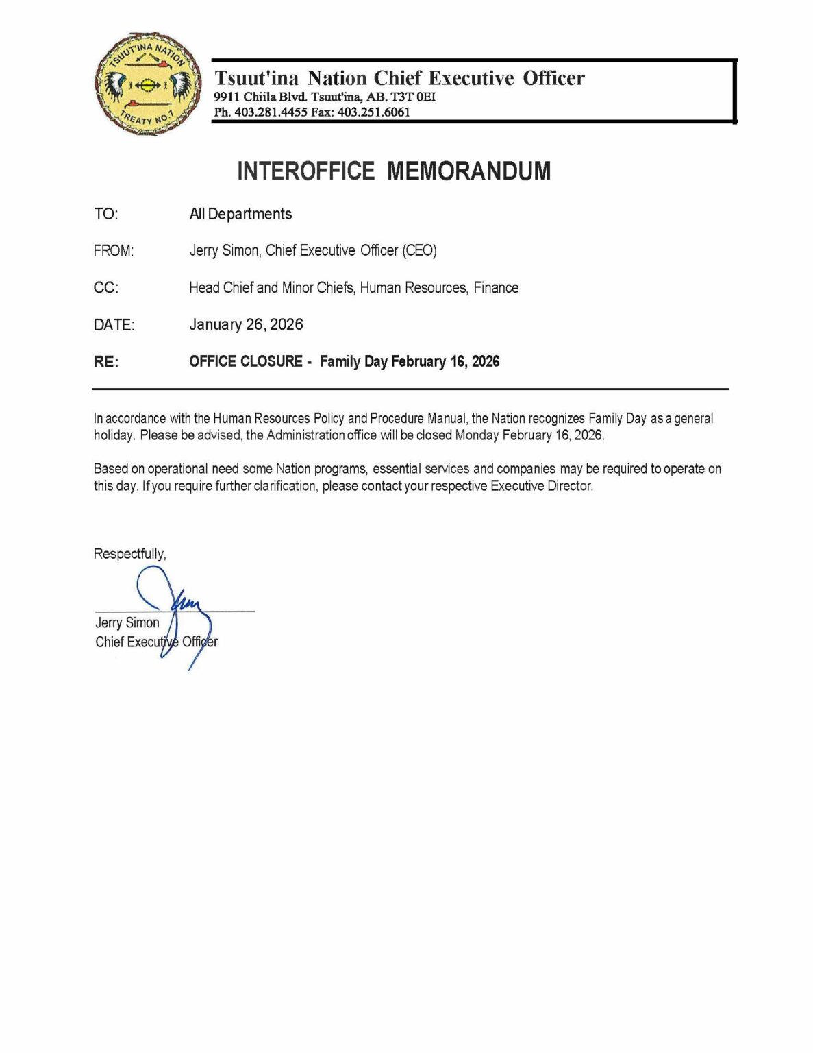 Memo - Family Day Office Closure Feb 16th, 2026 | Tsuut’ina