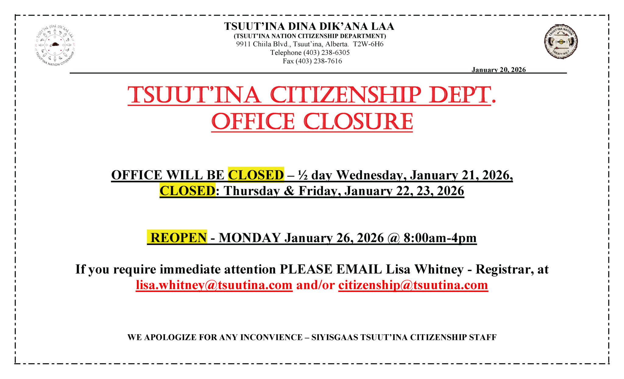 NOTICE - Citizenship Department Office Closure | Tsuut’ina