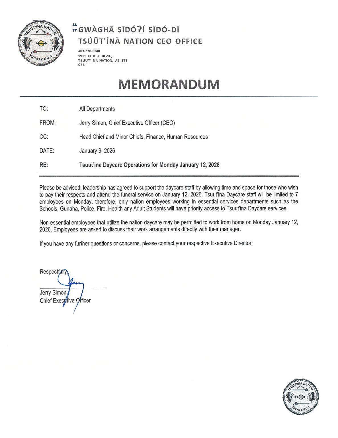 MEMO - Tsuut’ina Daycare Operations for January 12, 2026 | Tsuut’ina