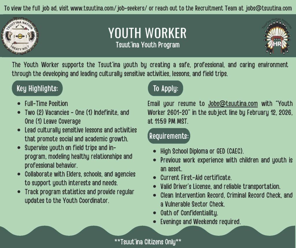 Position Summary Poster - Youth Worker (Feb 6. 2026) | Tsuut’ina