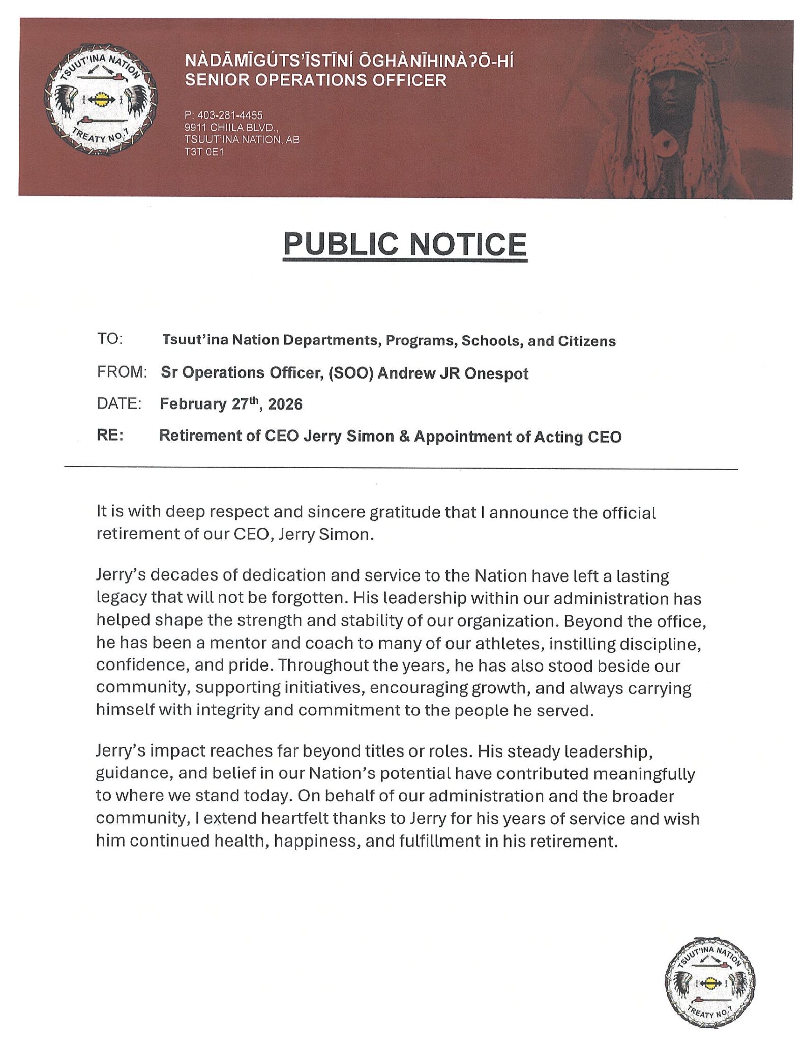 Public Notice - Retirement of CEO and Appointment of Acting CEO | Tsuut’ina