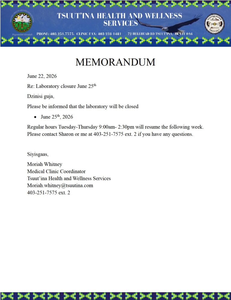 Laboratory closure June 25th | Tsuut’ina